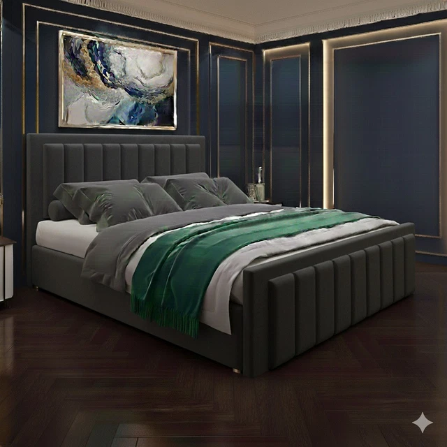 STOREX PLUSH VELVET Upholstered Ottoman Bed with Border Panel Headboard ...