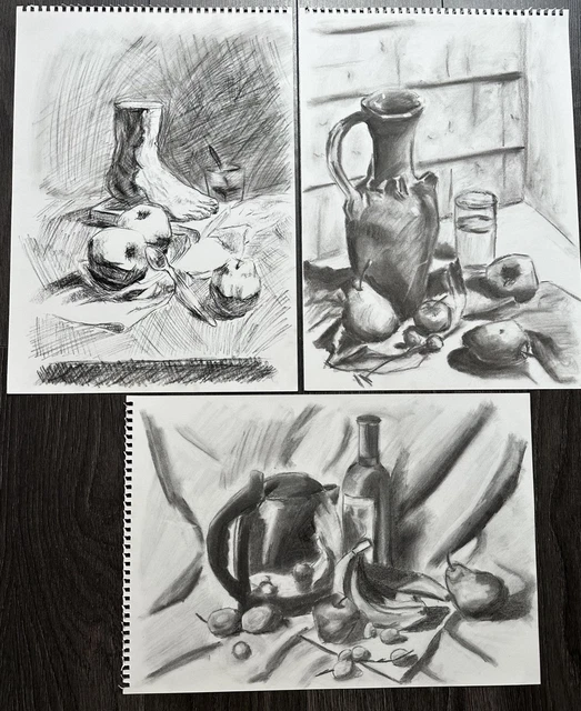 ORIGINAL STILL LIFE Fruits Jug Charcoal Pencil Drawing Wall Art A3 Job ...