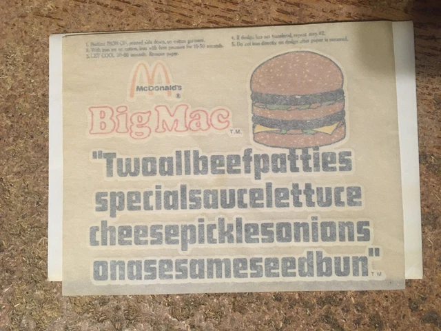 MCDONALDS IRON ON Vintage Big Mac Two All Beef Patties Special Sauce ...