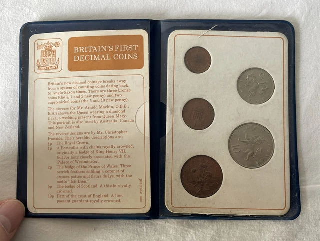 VINTAGE ROYAL MINT Britains First Decimal Coin Set in Blue Vinyl Wallet ...