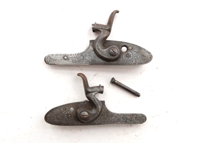 PAIR ANTIQUE SIDE LOCKS CG BONEHILL shotgun gun lock percussion hammer ...