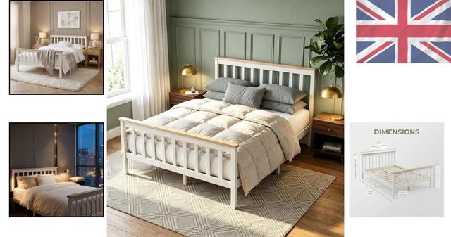 DOUBLE BED FRAME Pine Wood 4FT6 White Modern Sturdy Kids Adults Slats £ ...