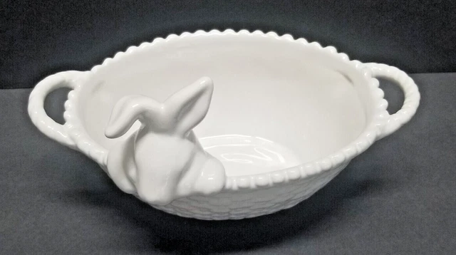 POTTERY BARN RUSTIC Bunny Rabbit Basketweave Stoneware Candy Bowl Dish ...