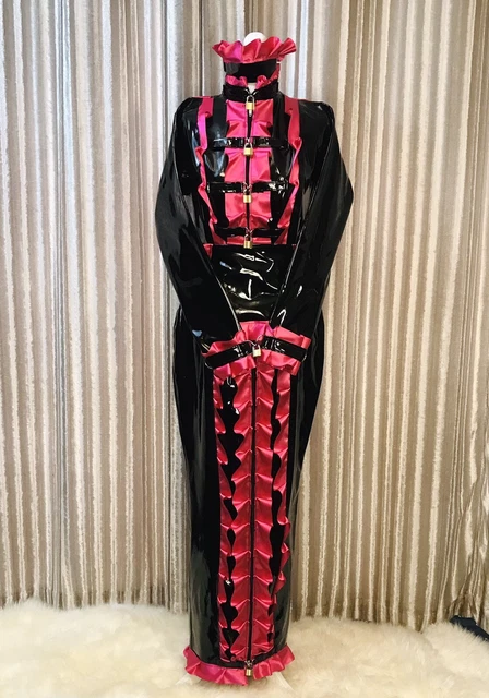 MISFITZ BLK PVC & pink satin lockable sissy Maids hobble dress. SIZE 26 ...