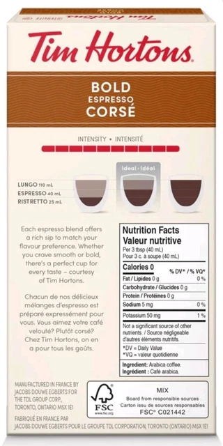 10 TIM HORTONS BOLD ESPRESSO Coffee Capsules Nespresso Original ...