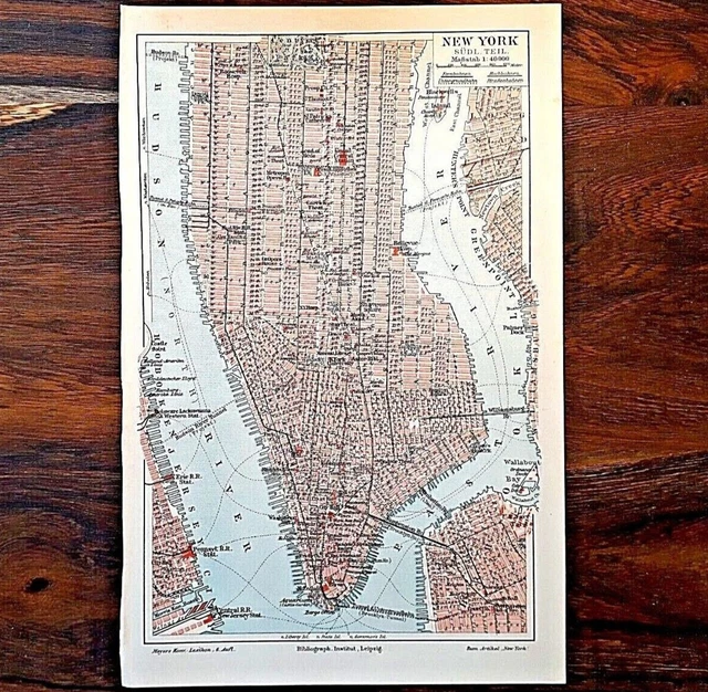 ALTE LITHOGRAPHIE, HISTORISCHER Stadtplan von New York,ca.1920 ...