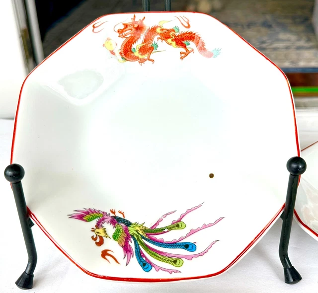 VINTAGE CHINESE RED Dragon & Phoenix Bird Octagon plates Dish Set Of 4 ...