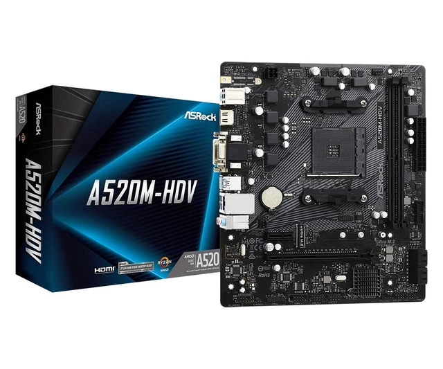 ASROCK A520M-HDV, AMD A520, AM4, Micro ATX, 2 DDR4, VGA, DVI, HDMI, M.2 ...