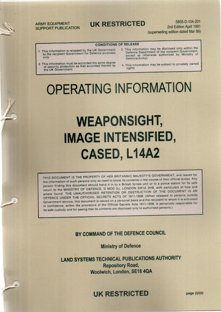 ARMY MANUAL OPERATING Information Weaponsight Imased Intensified L14A2 ...