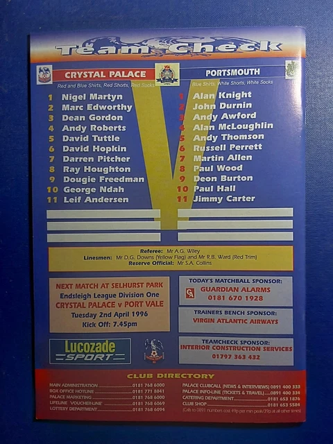 CRYSTAL PALACE V Portsmouth 23rd March 1996 Vgc £1.17 - PicClick UK