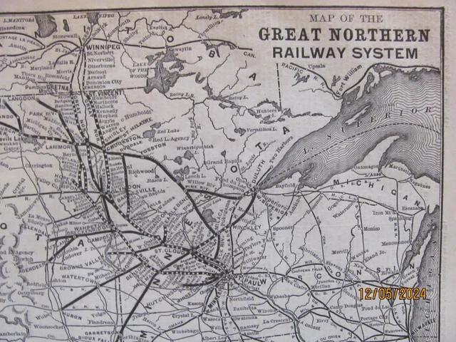 1890 GREAT NORTHERN RAILROAD ORIG SYSTEM ROUTE MAP in MN ND MN ID WA ...