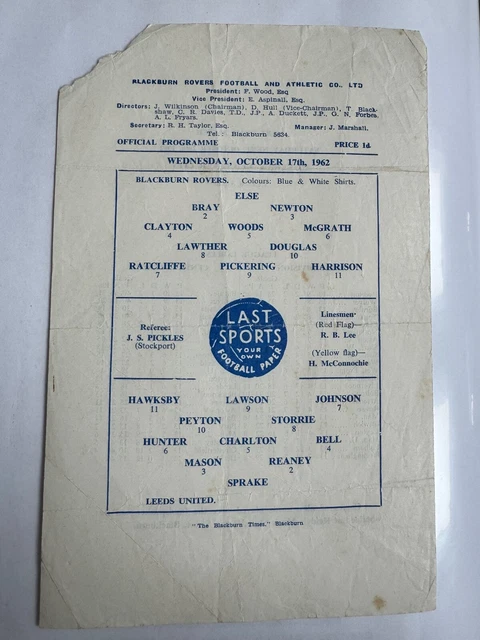 LEEDS UNITED V Blackburn Rovers League Cup Round 3 October 17 1962 £200 ...
