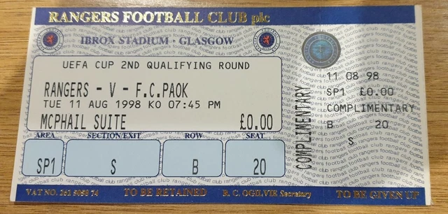 RANGERS V F.C. PAOK 11/8/98 UEFA Cup Full Ticket £4.00 - PicClick UK