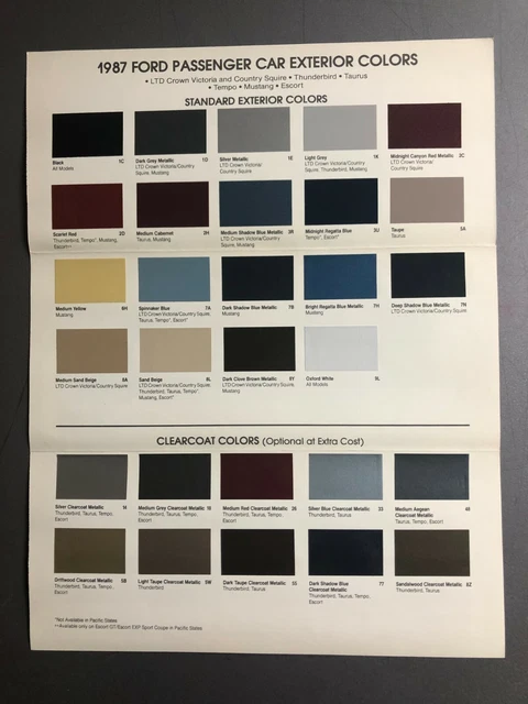 1987 FORD PASSENGER Car Color Chart Showroom Sales Folder / Brochure ...