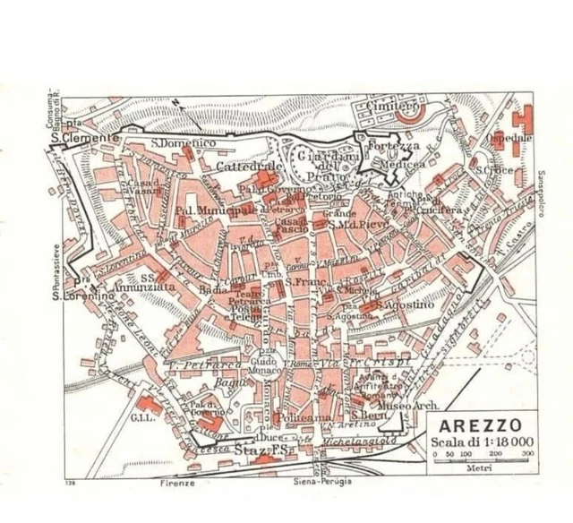 CARTA GEOGRAFICA ANTICA AREZZO minuscola pianta della città TCI 1939 ...