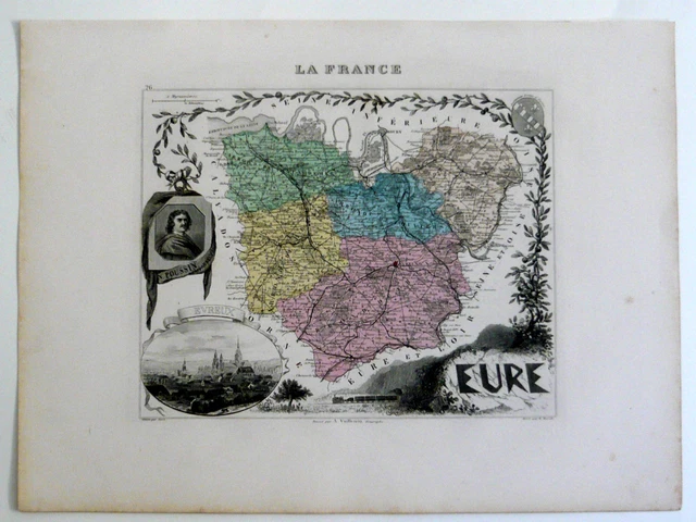 EURE CARTE GÉOGRAPHIQUE Vuillemin Atlas Migeon EVREUX Nicolas Poussin ...