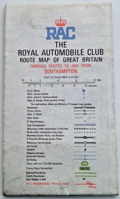 RAC ROUTE MAP Of Great Britain Through Routes To & From Southampton ...
