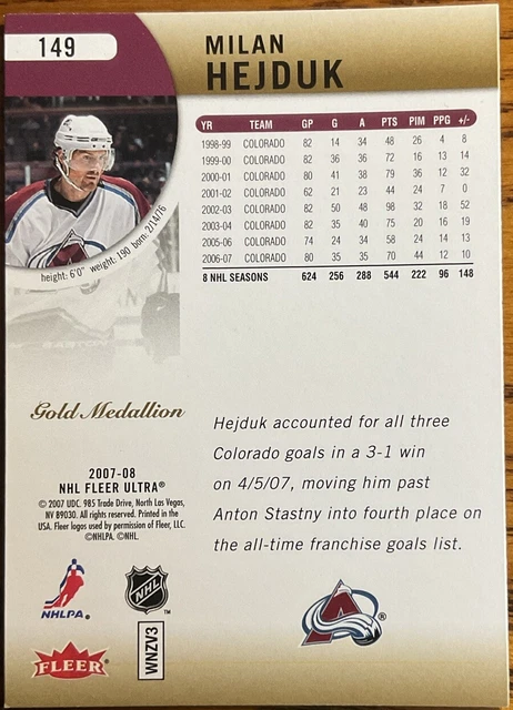 2007-08 FLEER ULTRA Gold Medallion Milan Hejduk #149 Colorado Avalanche ...