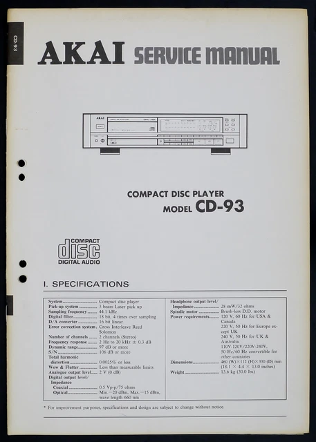 ORIGINAL AKAI CD-93 CD-Player Service-Manual/Diagram/Parts List o171 EUR 39,50 - PicClick DE