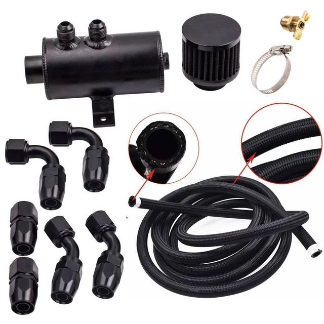 BAFFLED ENGINE 0.75L Oil Catch Can Twin Port AN10 10AN Fuel Oil Hose ...