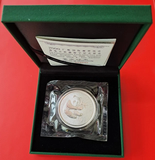 2000 CHINA 10 元 Yuan Panda Münze Guangzhou Coin Expo 1oz Silber 999 COA ...