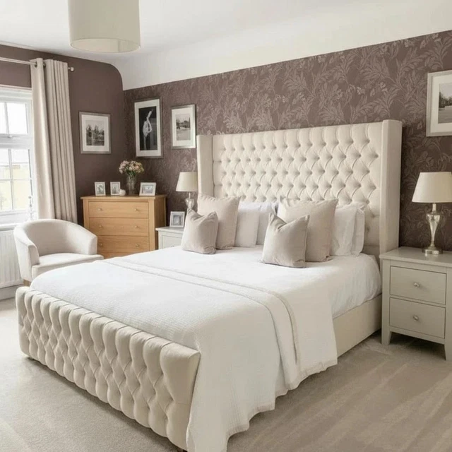 WINGBACK BED FRAME Plush Velvet Upholstered Gas Lift Storage &Mattress ...