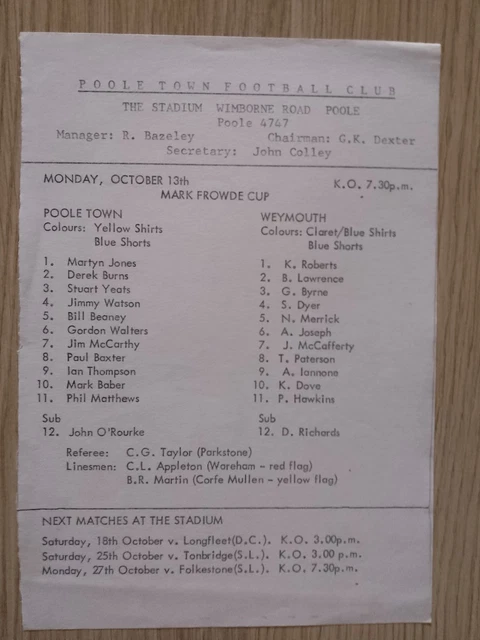 POOLE TOWN V Weymouth, Mark Frowde Memorial Cup, 1980/1 £2.23 - PicClick UK