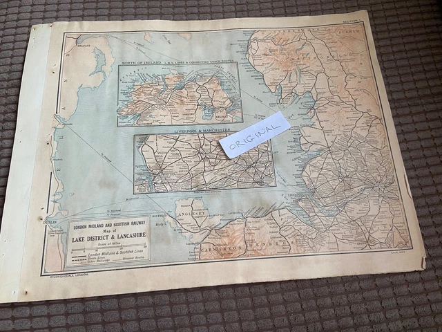VINTAGE LMS RAILWAY Map 1926 - Lake District & Lancashire - Liverpool ...
