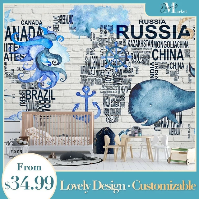 OCEAN WORLD MAP Kids Kids Map 3D Wall Mural Removable Designer ...