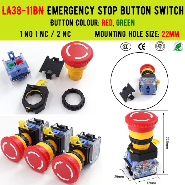22MM RED MUSHROOM Emergency Stop Push Button Switch 600V 10A LA38-11ZS ...