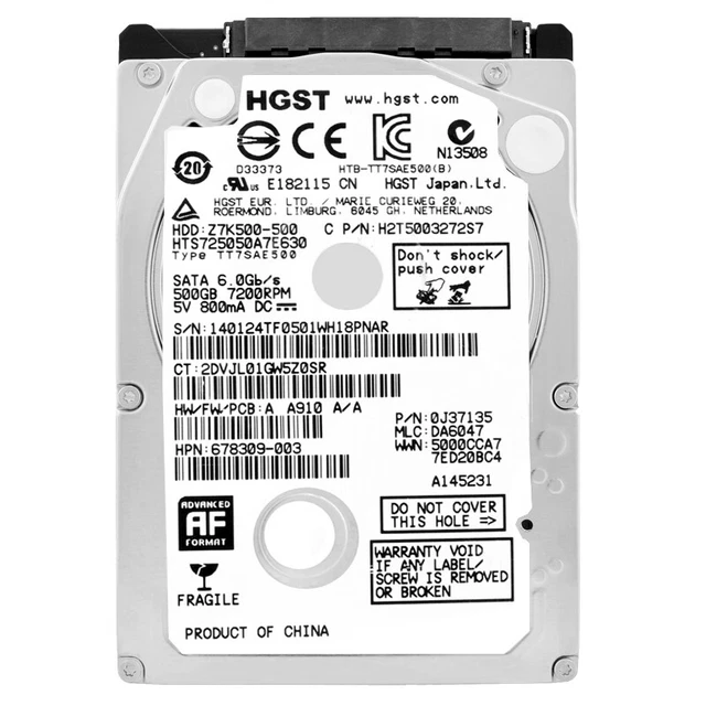 DISQUE DUR HGST 500GB HTS725050A7E630 7200Rpm SATA III 2.5'' Pouces EUR ...