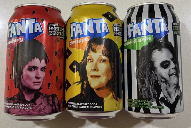 New 2024 Fanta Beetlejuice Soda Can Strawberry Pineapple And Aple Lot 3 Cans Full £3001