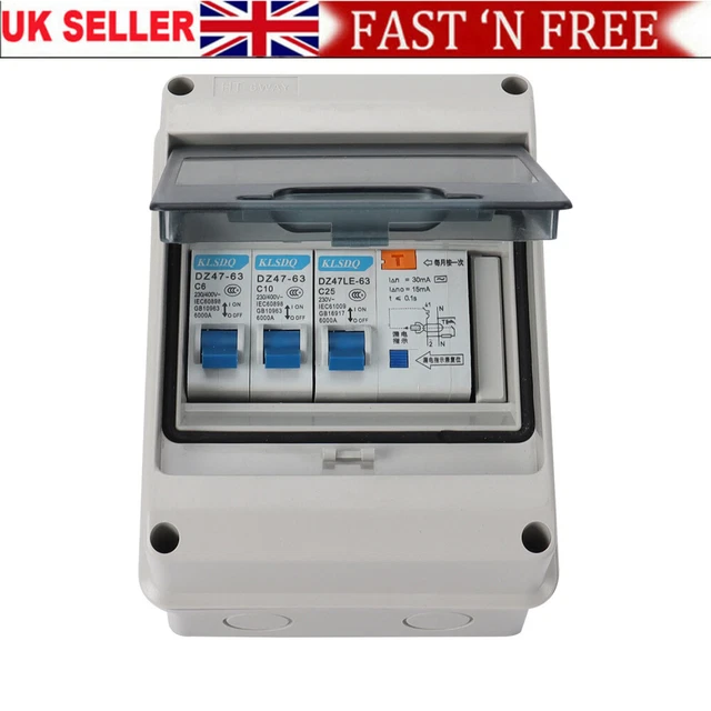 5 WAY GARAGE IP65 Weatherproof Consumer Unit Enclosure 25A 30mA RCD MCB ...