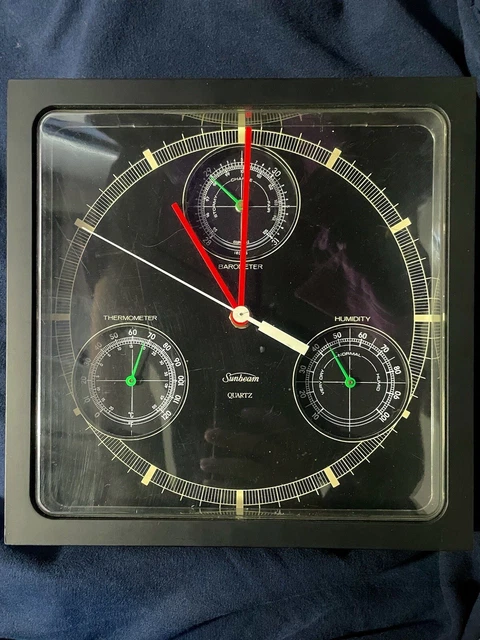 SUNBEAM SQUARE WALL Clock Humidity Barometer Thermometer Quartz MCM ...