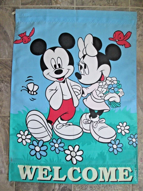 VINTAGE DISNEY WELCOME Flag Mickey Minnie Mouse Banner Blue Green ...