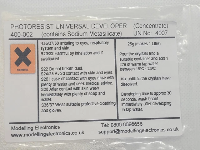 PCB UNIVERSAL PHOTORESIST DEVELOPER 25g (1 litre working strength) £5. ...