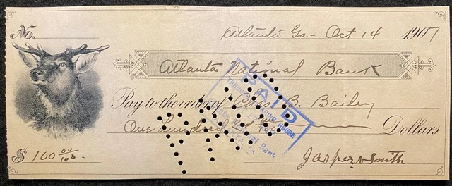 1907 *ATLANTA NATIONAL Bank* Ga. Bank Check+Vignette+Notable: "Jasper N ...