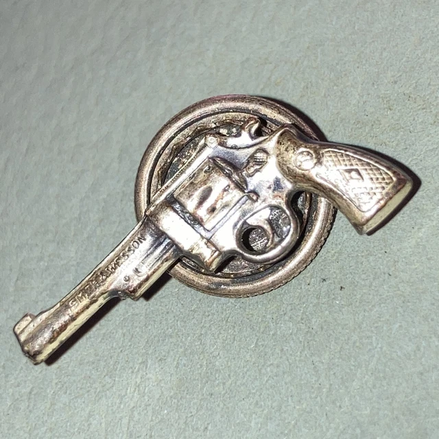 SMITH AND WESSON silver pistol Antique revolver lapel screw back pin ...