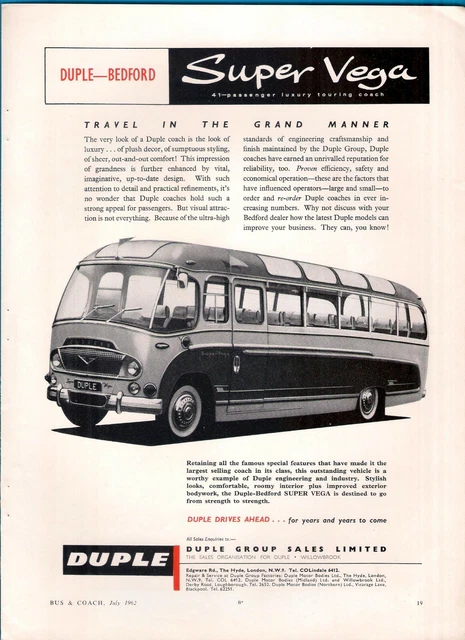 OLD MAGAZINE ADVERT 1962 - Duple Bedford Super Vega - Luxury Touring ...