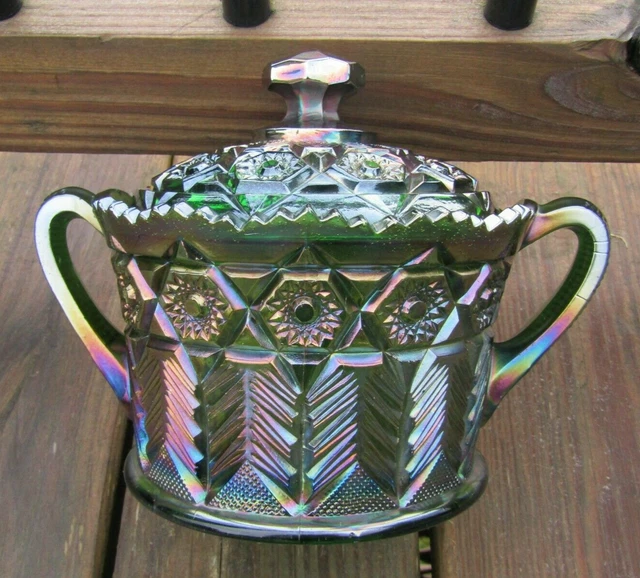 CAMBRIDGE INVERTED FEATHER Green Carnival Glass Cracker Jar $49.99 ...