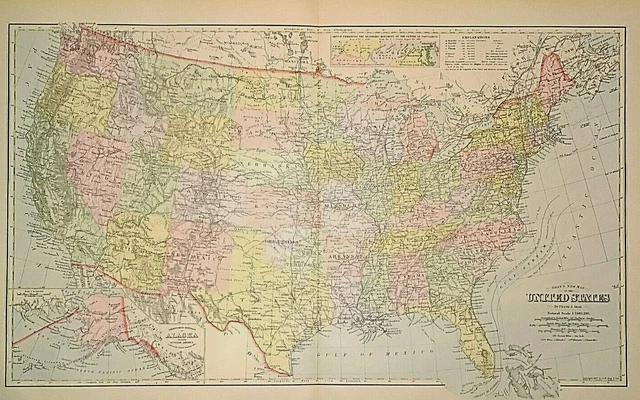 **LARGE 1898 ATLAS Map ~ GRAY'S NEW MAP of the UNITED STATES - ALASKA ...