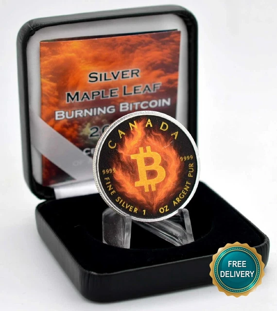 2025 1OZ SILVER Canada Maple Leaf Burning Bitcoin Crypto Etui Certif ...