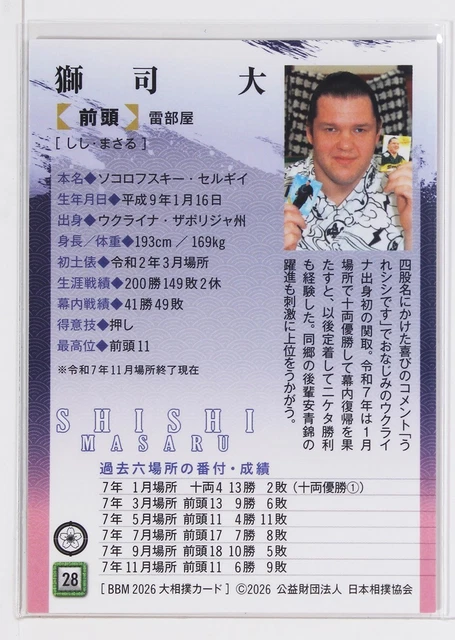 SHISHI MASARU (MAEGASHIRA) - 2026 BBM Sumo Wrestling Trading Card £12. ...