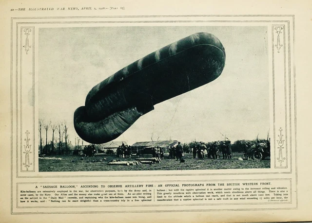 1916 WWI WW1 Printkite Ballon Observe Artillerie Feu Britannique Ouest ...