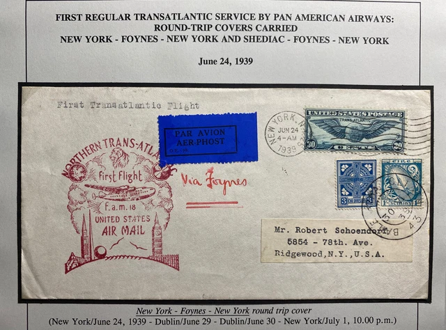 1939 NEW YORK USA First Trans Atlantic Flight Airmail Cover To Ireland ...