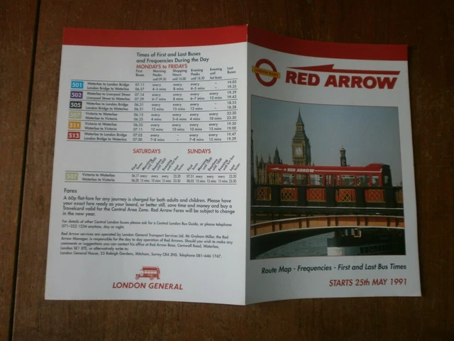 LONDON TRANSPORT TIMETABLE Leaflet-Red Arrow Route Map & Times 1991 £1. ...