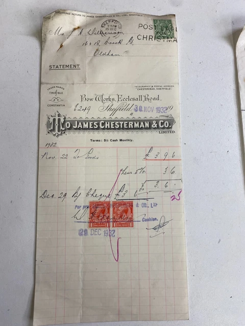 JAMES CHESTERMAN INVOICE RULES SHEFFIELD 1932 EPHEMERA inv205 £5.99 ...