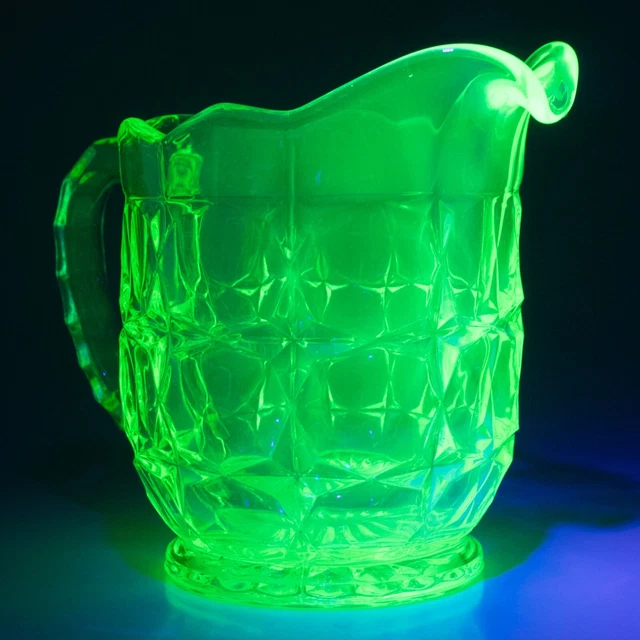 SOWERBY OXFORD PATTERN Uranium Pressed Glass Jug 1930s Green Art Deco ...