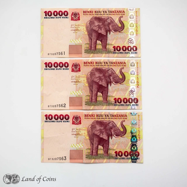 TANZANIA: 3 X 10,000 Tanzania Shillings Banknotes - Consecutive Serial ...