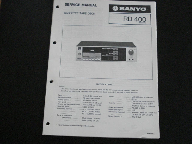 ORIGINAL MANUEL D'ENTRETIEN schéma Sanyo RD 400 EUR 12,50 - PicClick FR